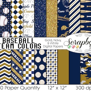 Baseball Digital Papers Navy Blue & Gold, 20 Pieces, 12 X 12, High ...