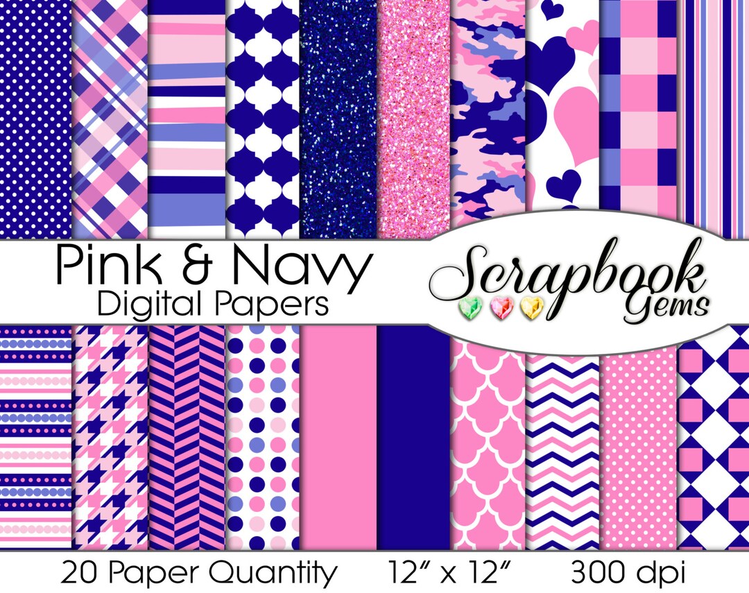 Pink & Navy Girl Valentine Digital Papers, 20 Pieces, 12 X 12, High ...