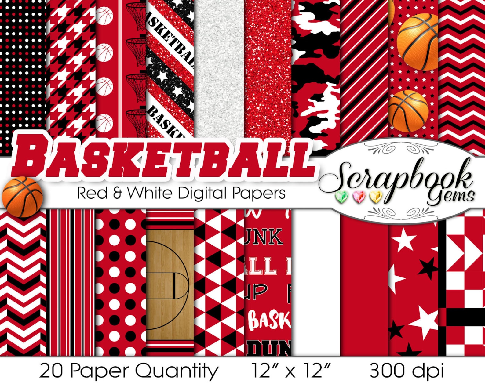 Basketball Digital Papers Red Black & White 20 Pieces | Etsy