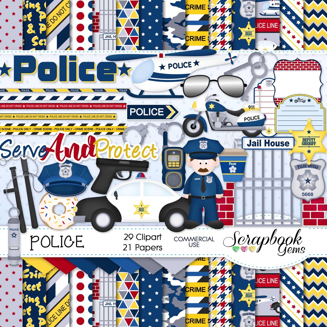 POLICE Clipart and Papers Kit, 29 Png Clip Arts, 21 Jpeg Papers Instant ...