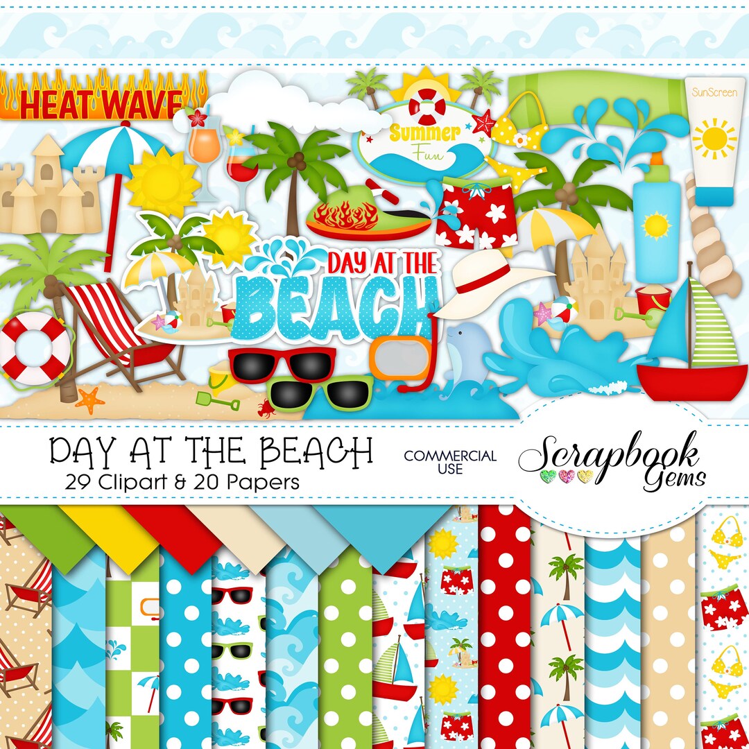 Day at the Beach Clipart & Papers Kit, 29 Png Clipart Files, 20 Jpeg ...