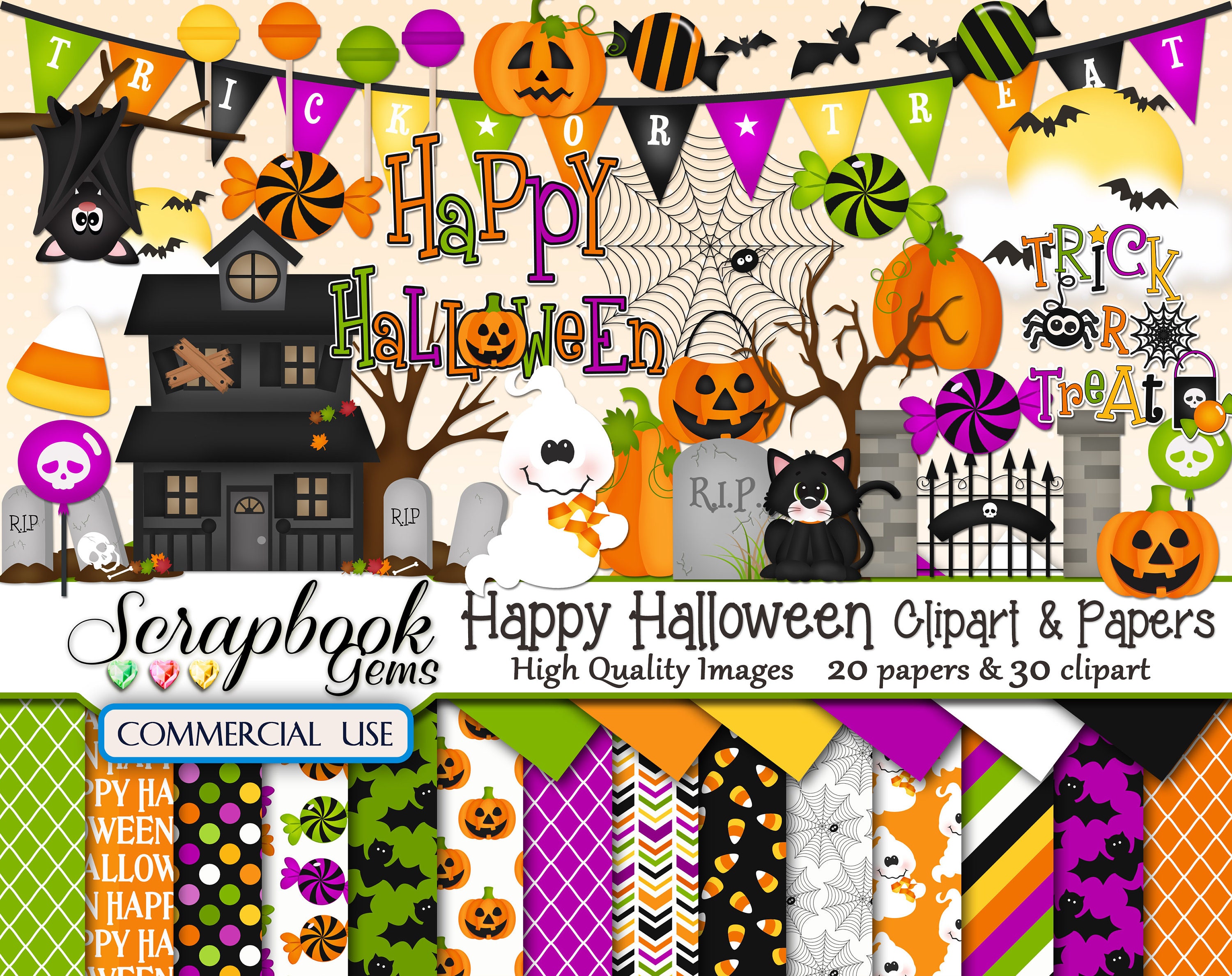 HAPPY HALLOWEEN Clipart & Papers Kit 30 Png Clipart Files 20 - Etsy