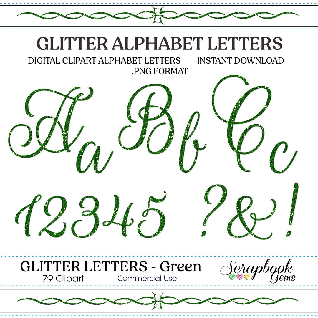 Green Glitter Letters & Numbers Digital Clipart, 79 High Quality PNG ...