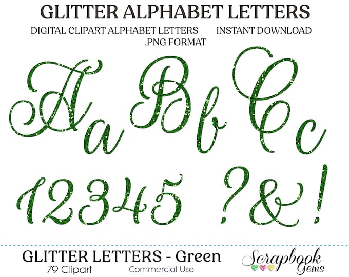 Green Glitter Letters and Numbers, Green Glitter Alphabet, Green ...