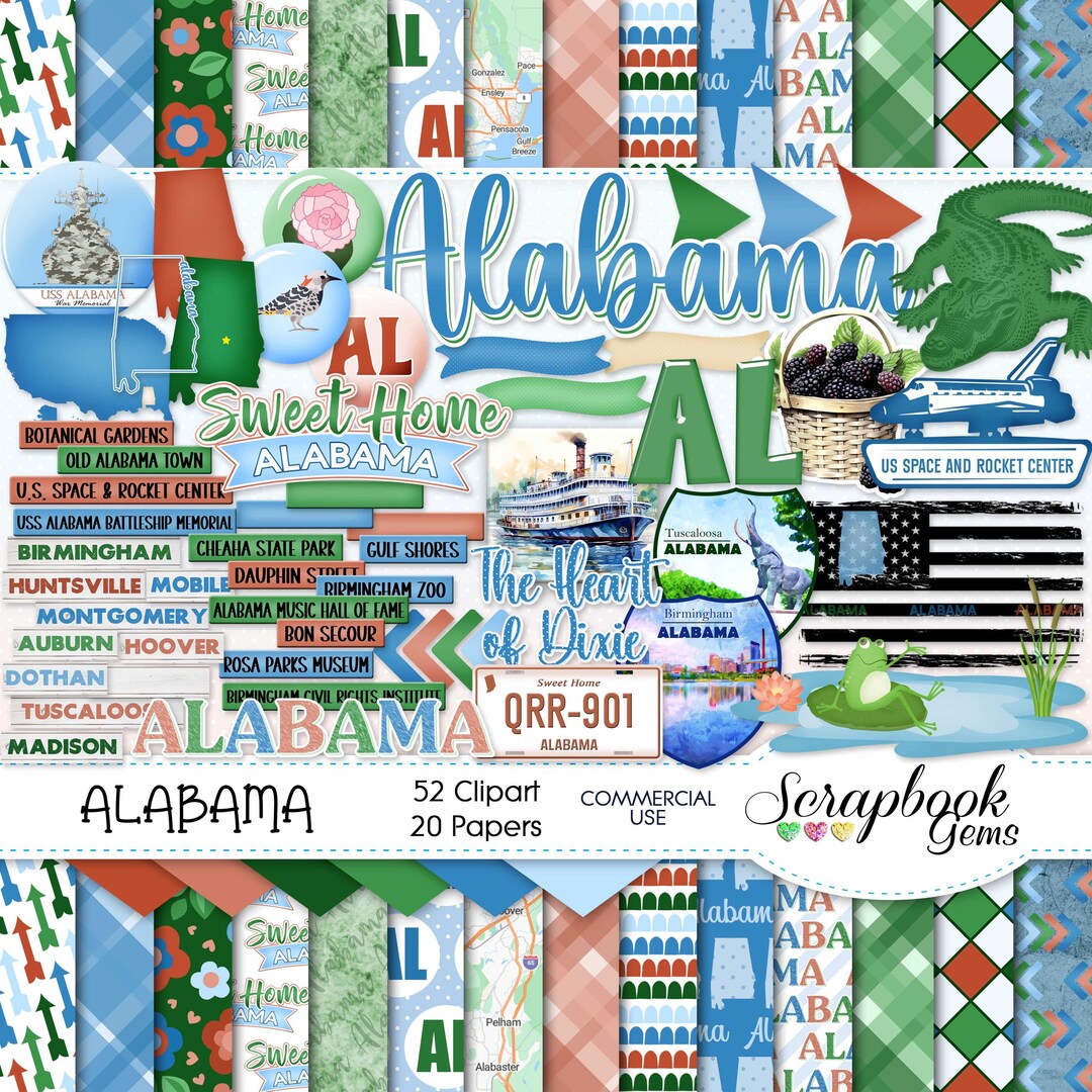 ALABAMA Clipart and Papers Kit, 52 Png Clip Arts, 20 Jpeg Papers ...