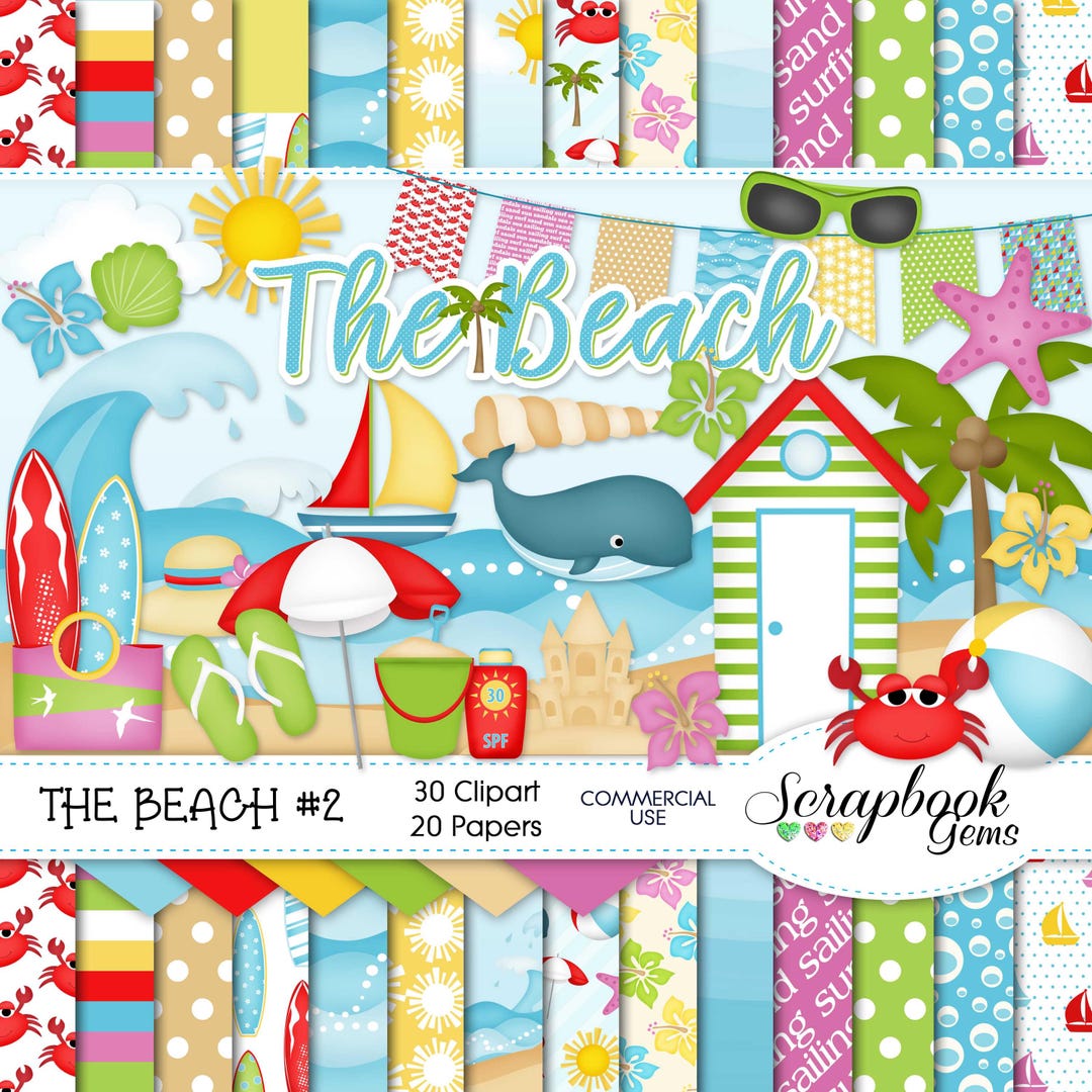 THE BEACH (kit #2) Clipart & Papers, 30 Png Clipart Files, 20 Jpeg ...