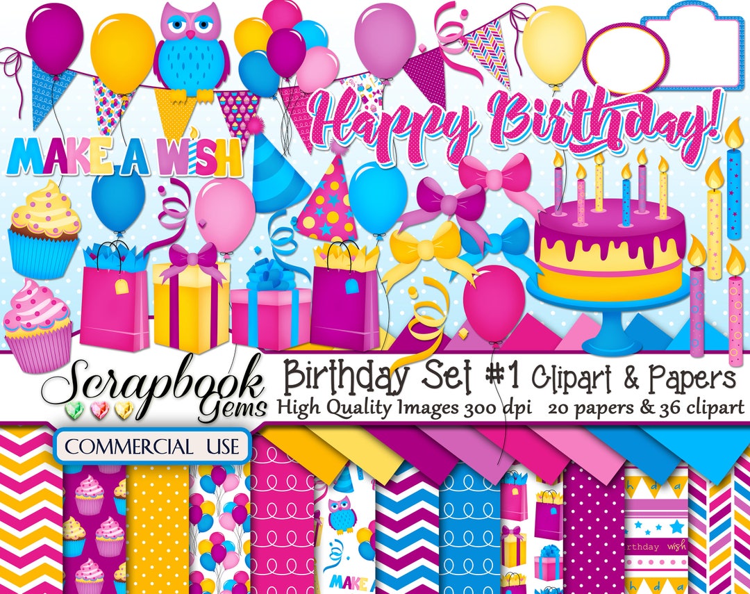 BIRTHDAY Set 1 Clipart and Papers Kit, 36 Png Clip Arts, 20 Jpeg Papers ...