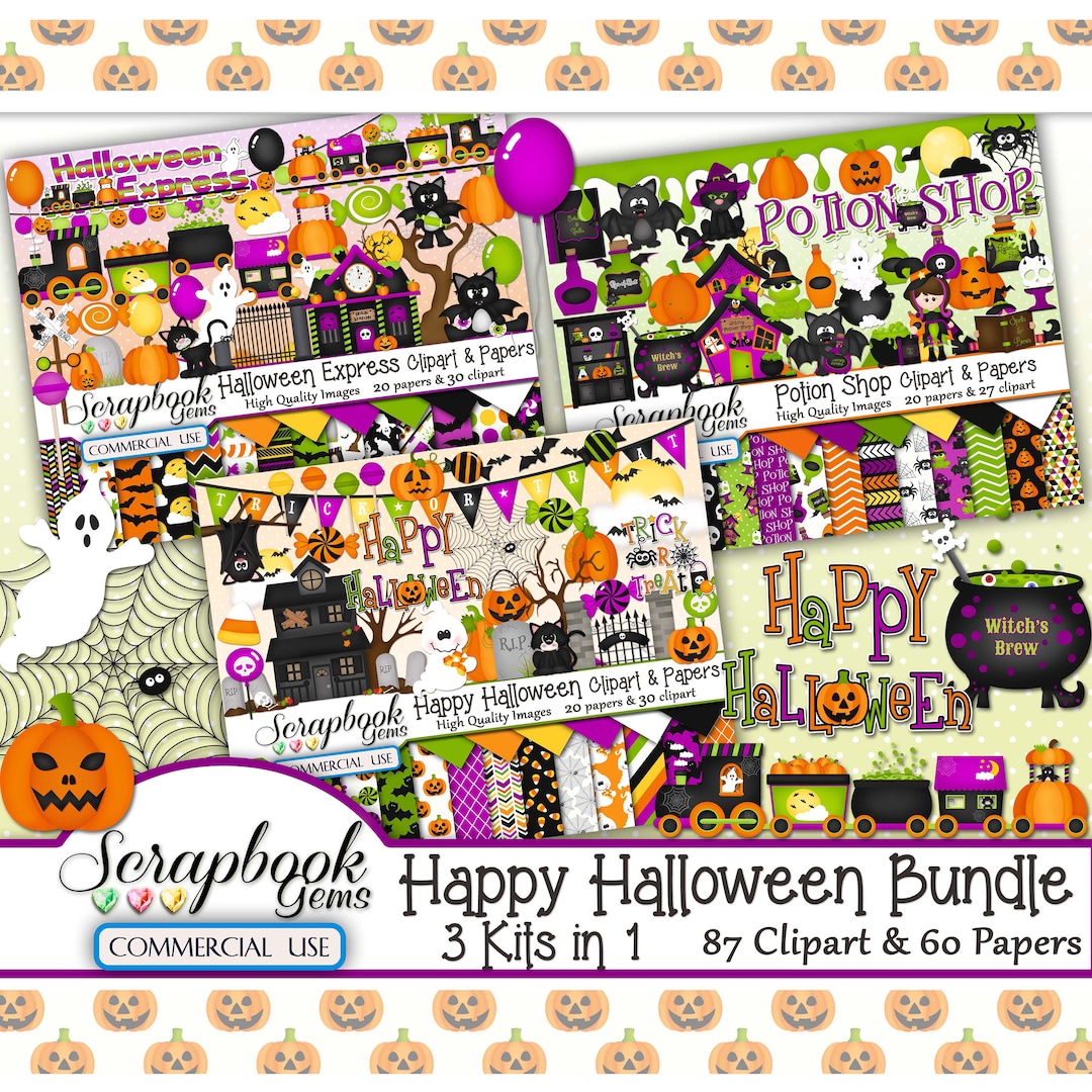 HAPPY HALLOWEEN BUNDLE - 3 Kits in 1, 87 Cliparts & 60 Papers, Instant ...