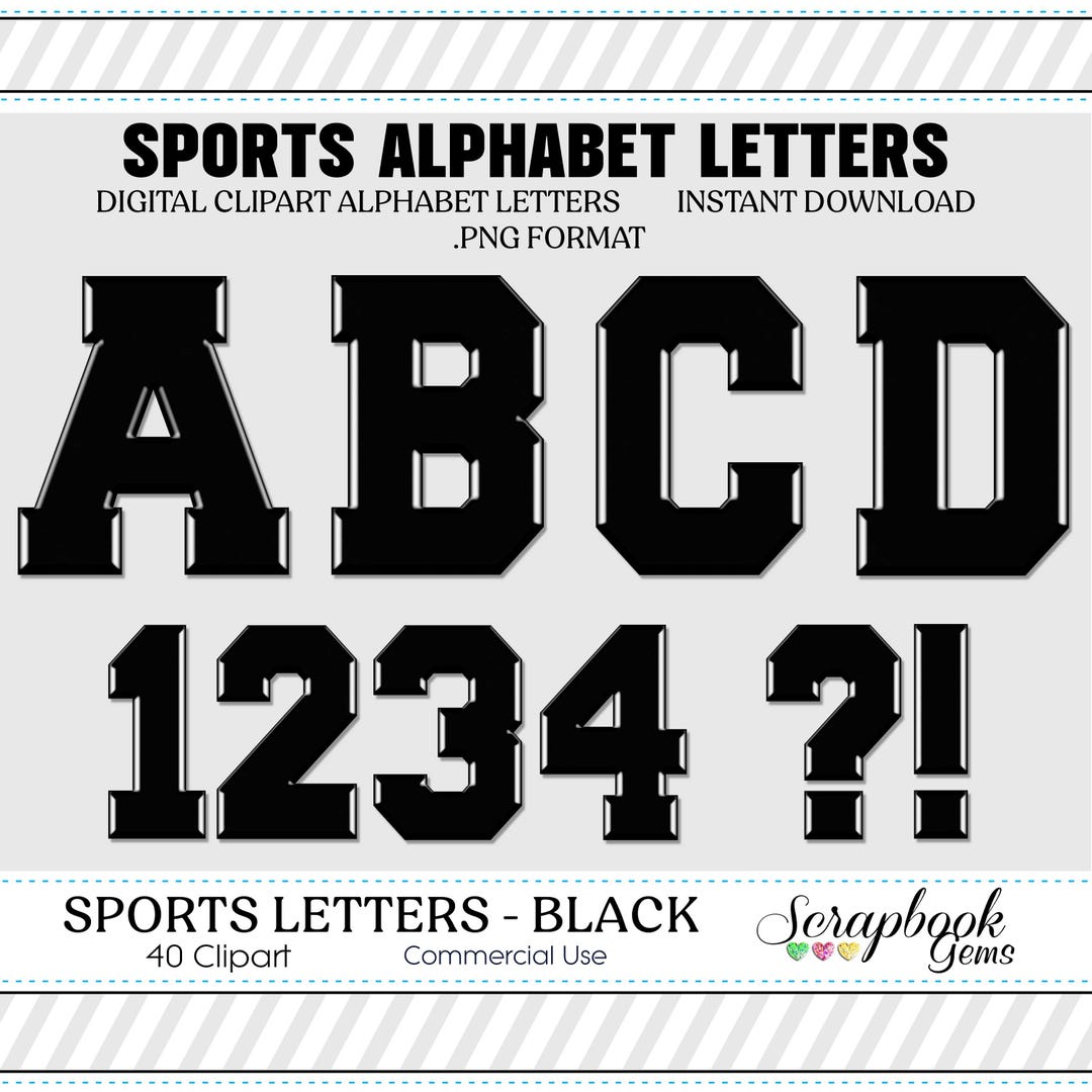 Sports Athletic Letters & Numbers Clipart, 40 High Quality PNG Files ...