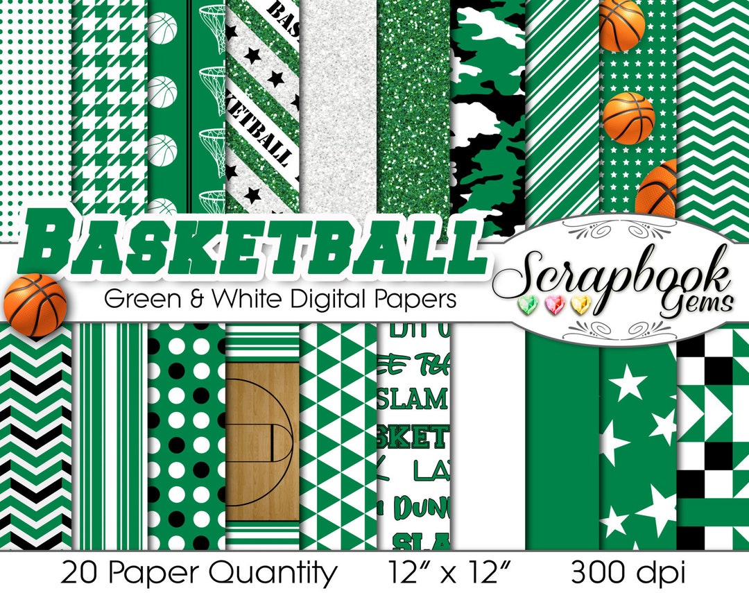 Basketball Digital Papers Green & White, 20 Pieces, 12" X 12", High ...