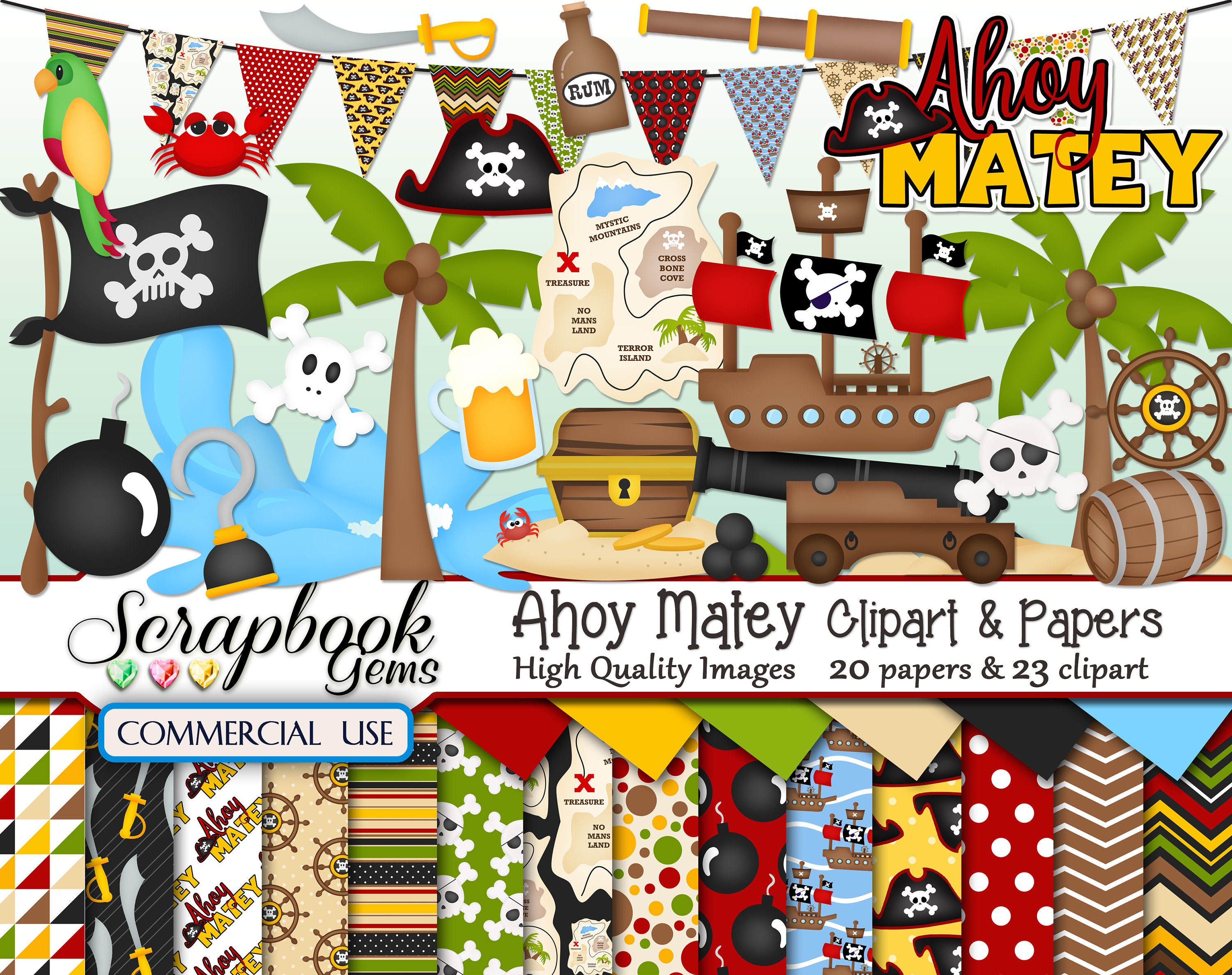 AHOY MATEY Clipart & Papers Kit 23 png Clipart files 20 jpeg | Etsy