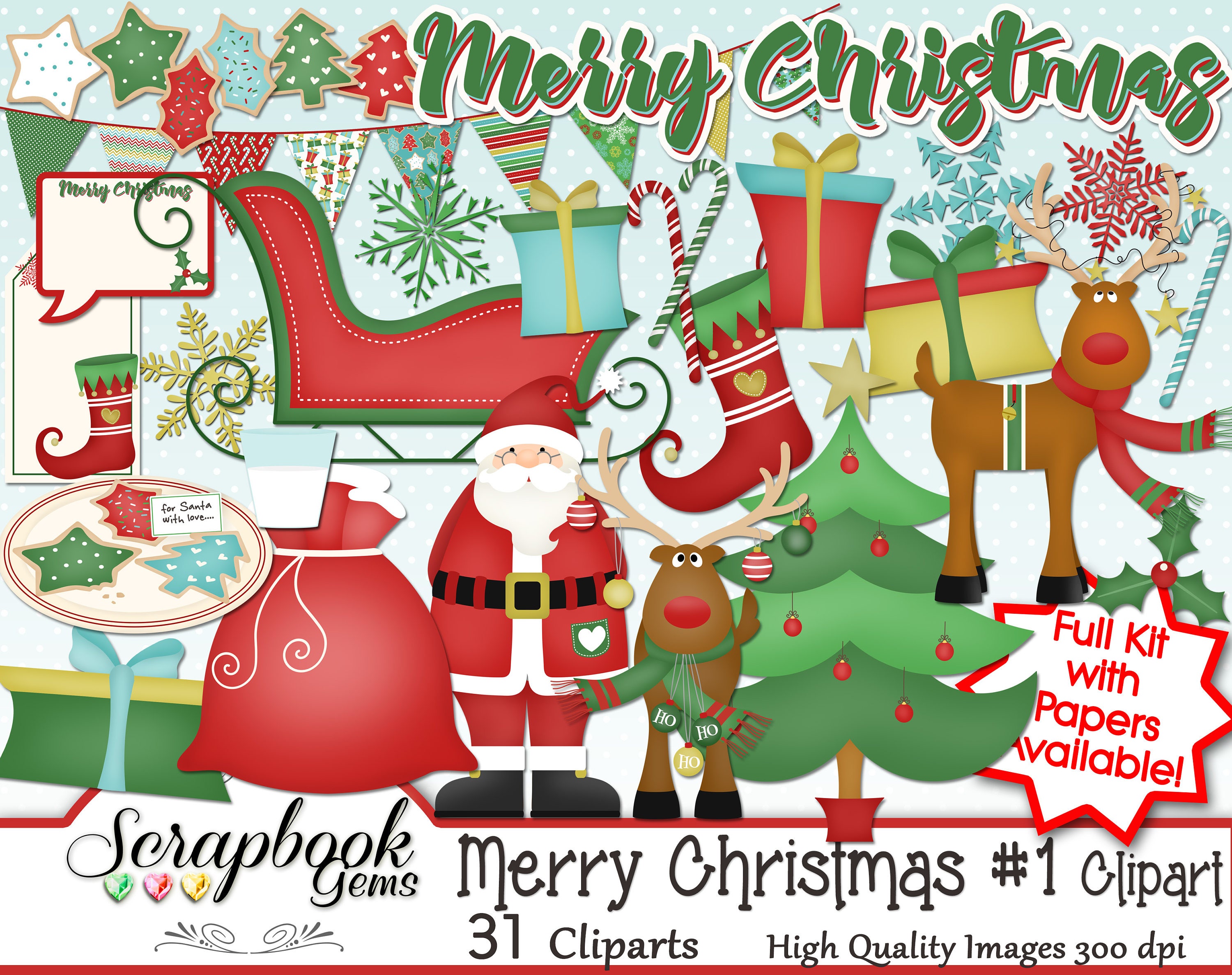 MERRY CHRISTMAS SET 1 Clipart 31 Png Clipart Files Instant | Etsy