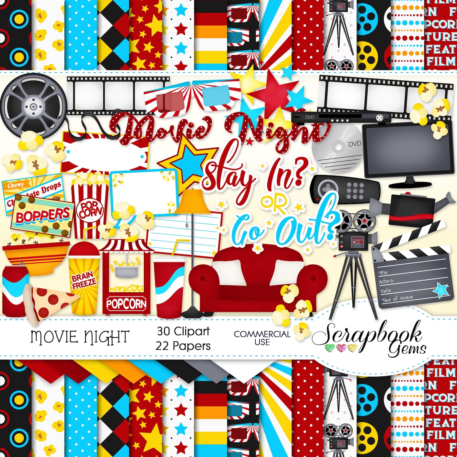 MOVIE NIGHT Clipart and Papers Kit, 30 Png Clip Arts, 22 Jpeg Papers ...