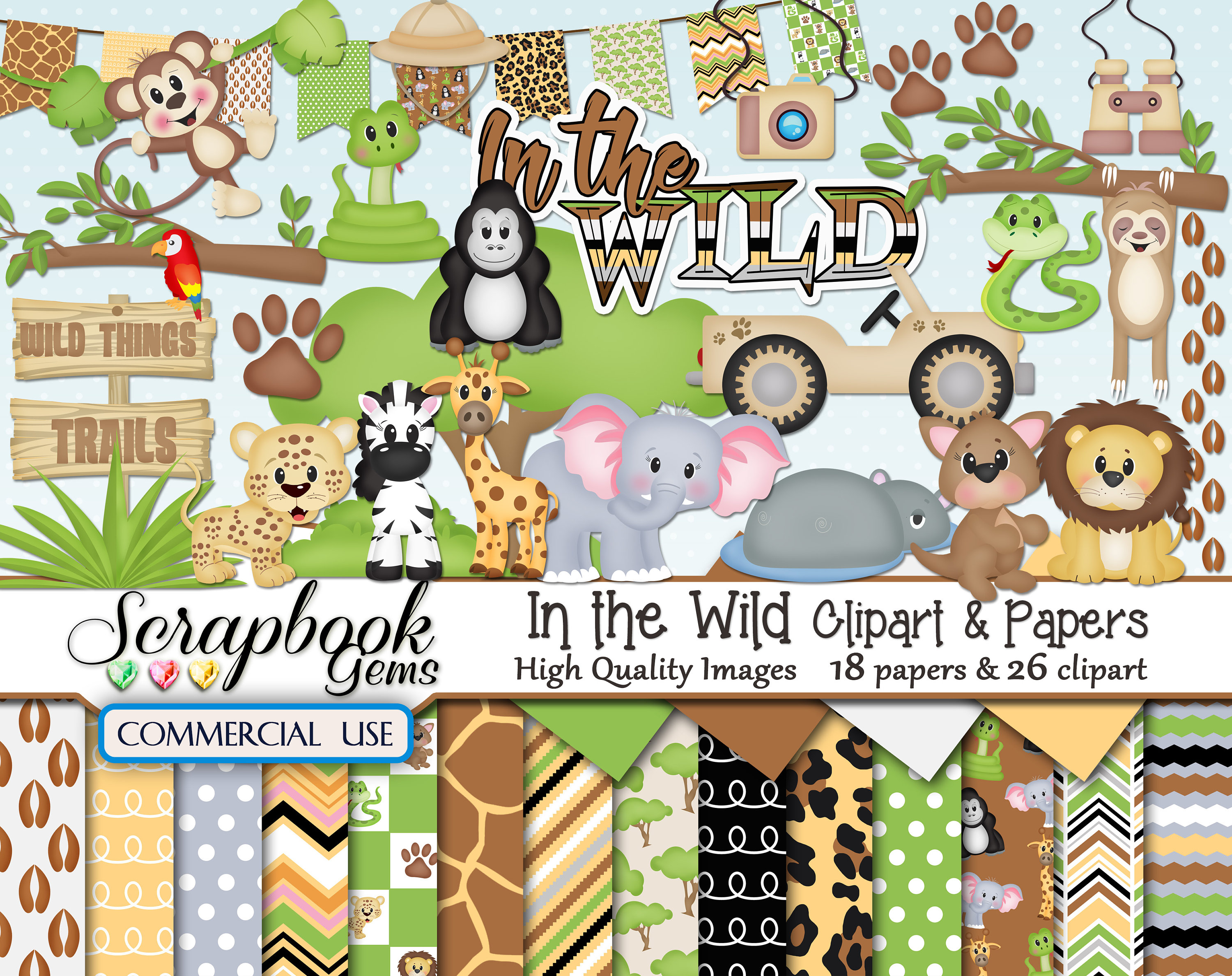 ZOO ADVENTURE BUNDLE - 2 Kits in 1, 52 Cliparts & 36 Papers, Instant ...