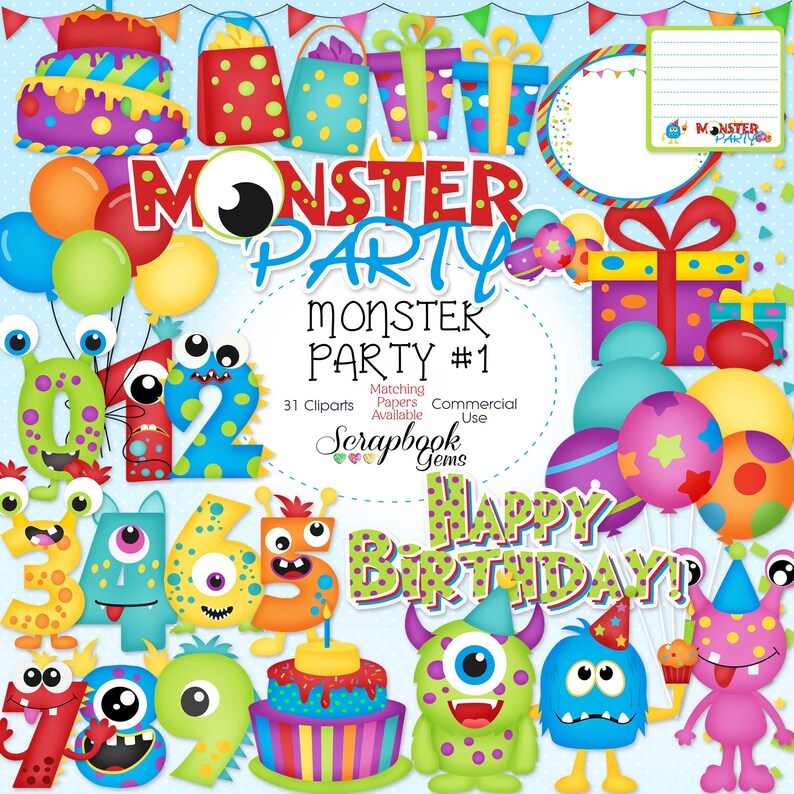 MONSTER PARTY Kit #1 Clipart and Papers Kit, 28 Png Clip Arts, 22 Jpeg ...