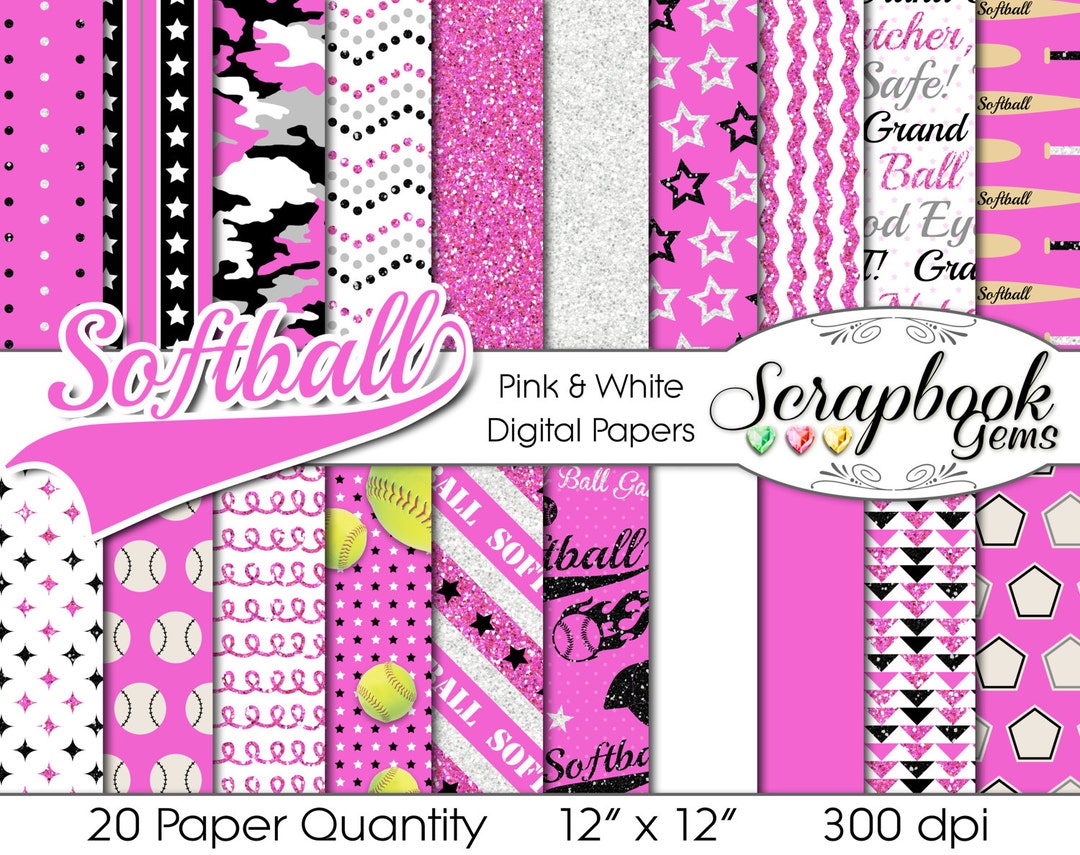 SOFTBALL Digital Papers Pink, White, & Black, 20 Pieces, 12" X 12 ...