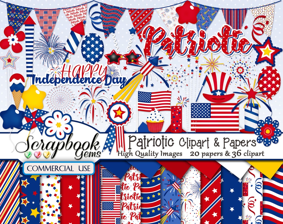 PATRIOTIC Clipart & Papers Kit, 36 Png Clipart Files, 20 Jpeg Paper ...