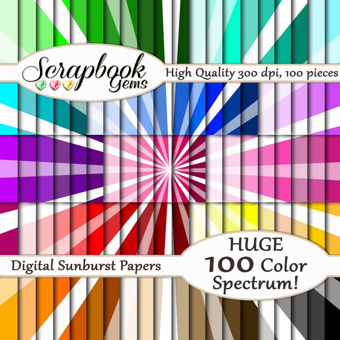100 Colors Sunbursts Digital Paper, 100 Pieces, 12" X 12", 300 Dpi High ...