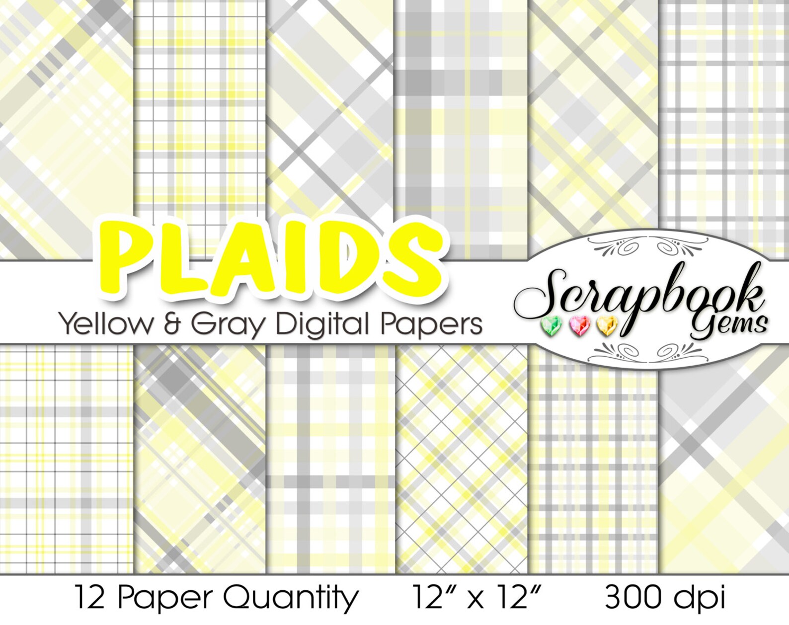 Plaid Yellow & Gray Digital Papers, 12 Pieces, 12" X 12", High Quality ...