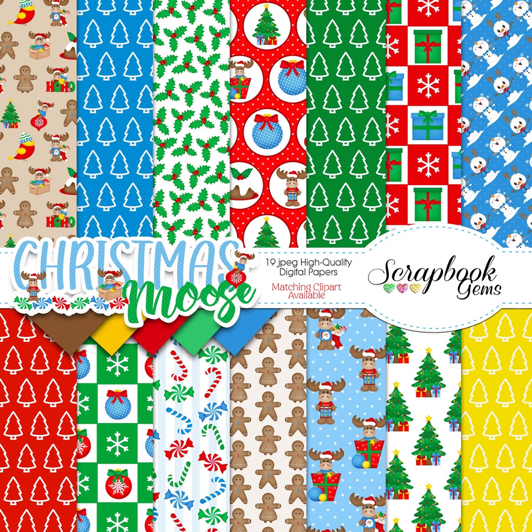 CHRISTMAS MOOSE Digital Papers, 19 Pieces, 12" X 12", High Quality ...