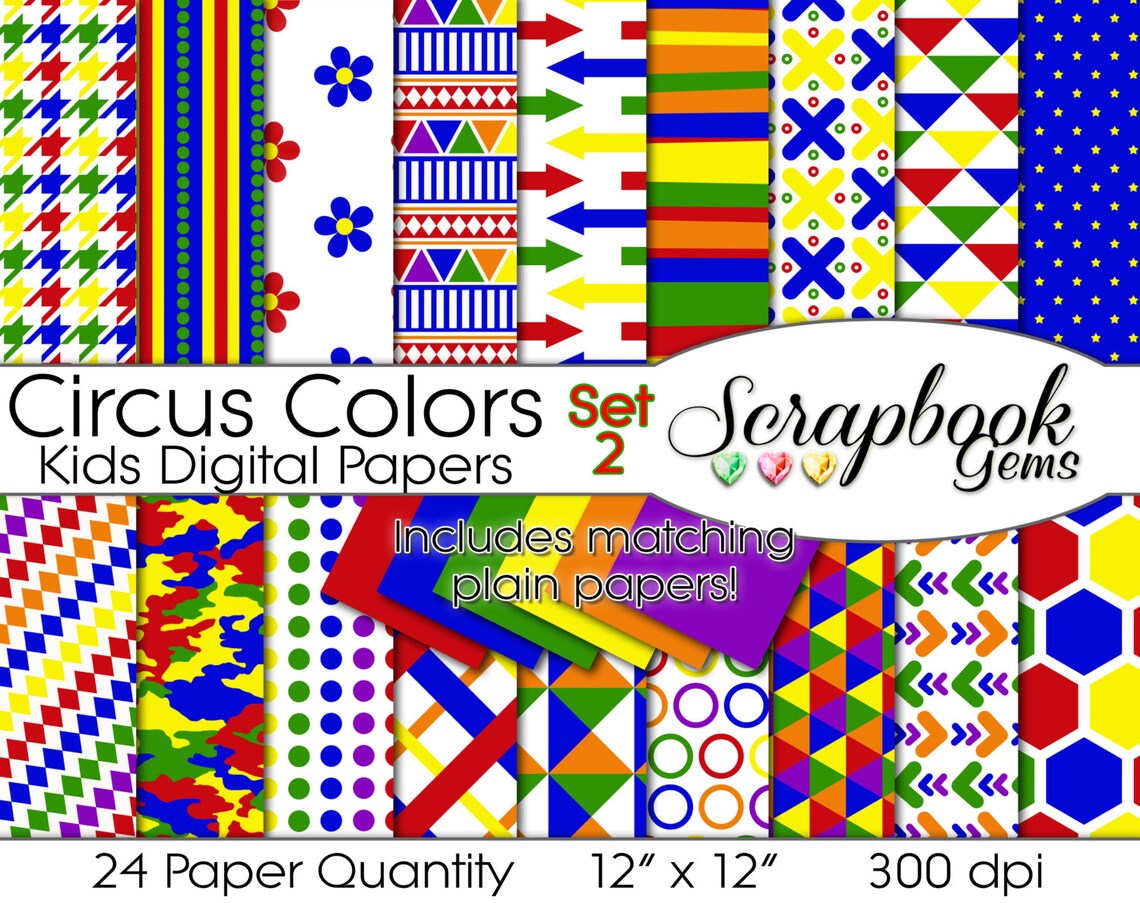 Circus Colors Digital Papers SET 2 24 Pieces 12 X - Etsy