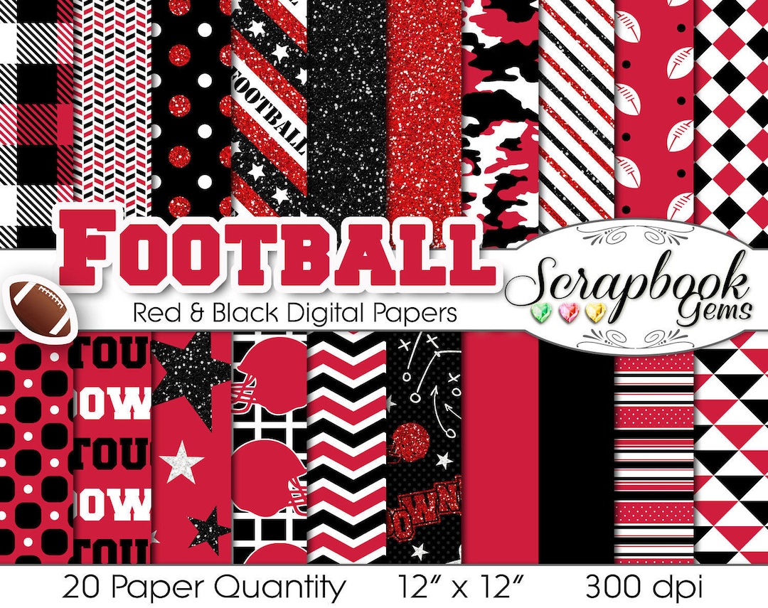 Football Digital Papers Red & Black, 20 Pieces, 12" X 12", High Quality ...