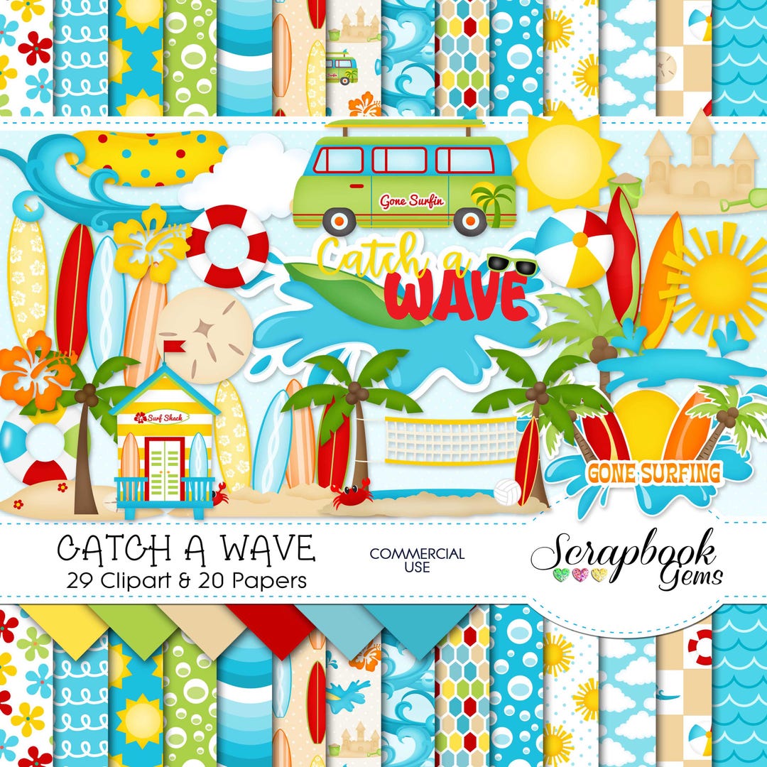 CATCH A WAVE Clipart & Papers Kit, 29 Png Clipart Files, 20 Jpeg Paper ...