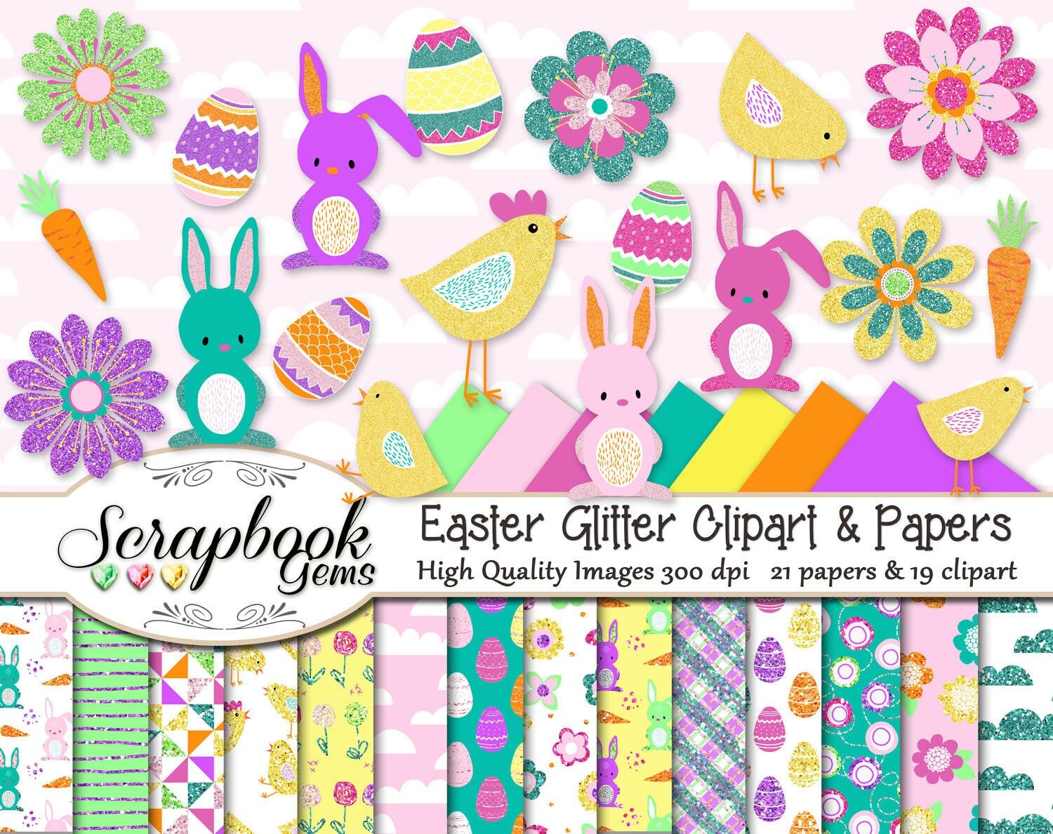 EASTER GLITTER Clipart & Papers Kit 19 png Clipart files 21 | Etsy