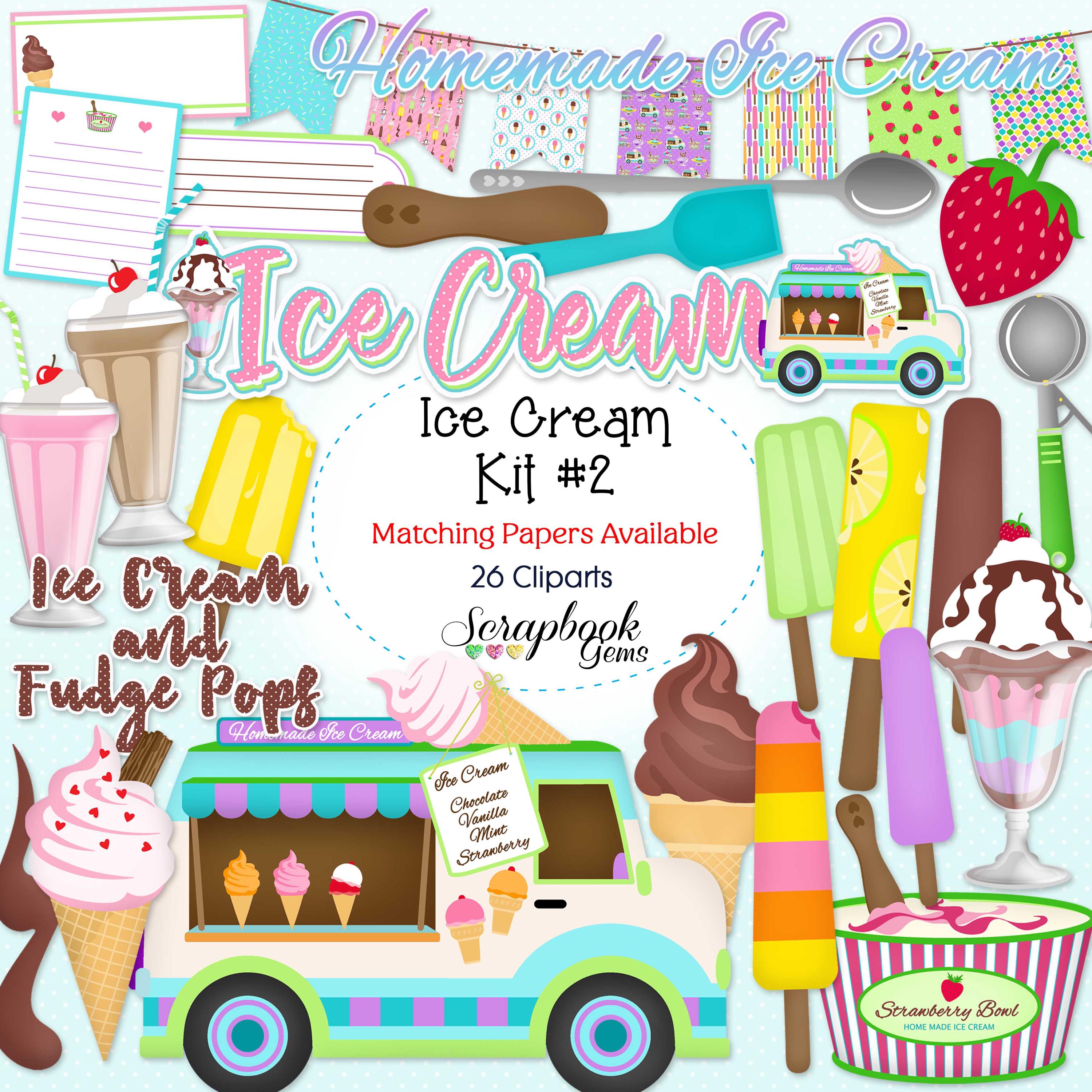 ICE CREAM #2 Clipart & Papers Kit, 26 Png Clip Arts, 21 Jpeg Papers ...