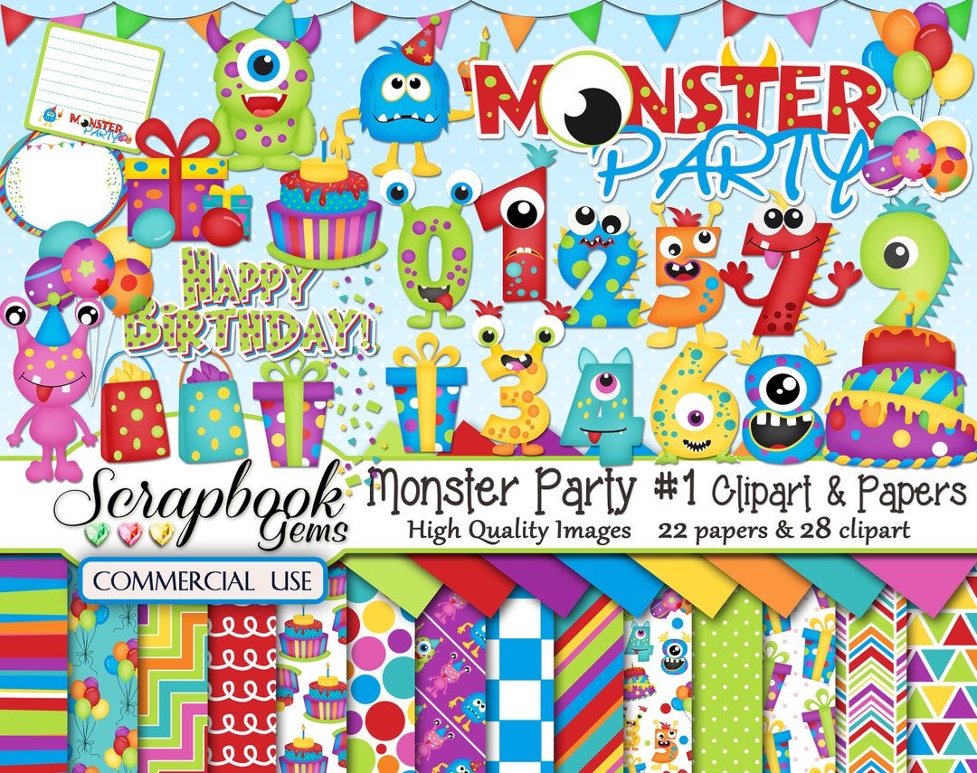 MONSTER PARTY Kit 1 Clipart and Papers Kit 28 Png Clip Arts - Etsy