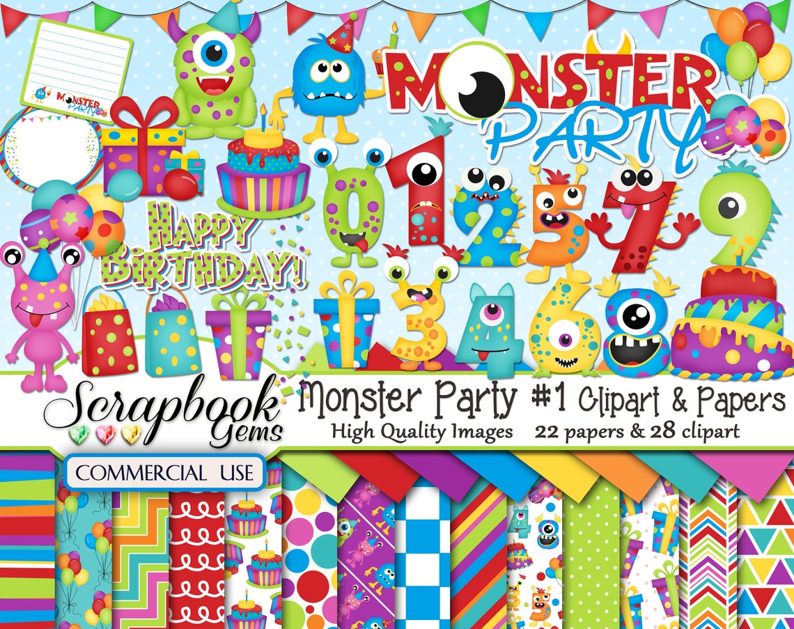 MONSTER PARTY Kit 1 Clipart and Papers Kit 28 Png Clip Arts - Etsy