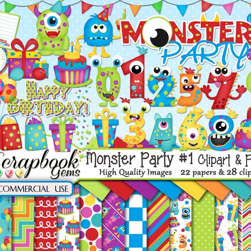 MONSTER PARTY Kit 1 Clipart and Papers Kit 28 Png Clip Arts - Etsy