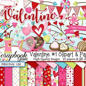 VALENTINE BUNDLE - 2 Kits in 1, 72 Cliparts & 42 Papers, Instant ...