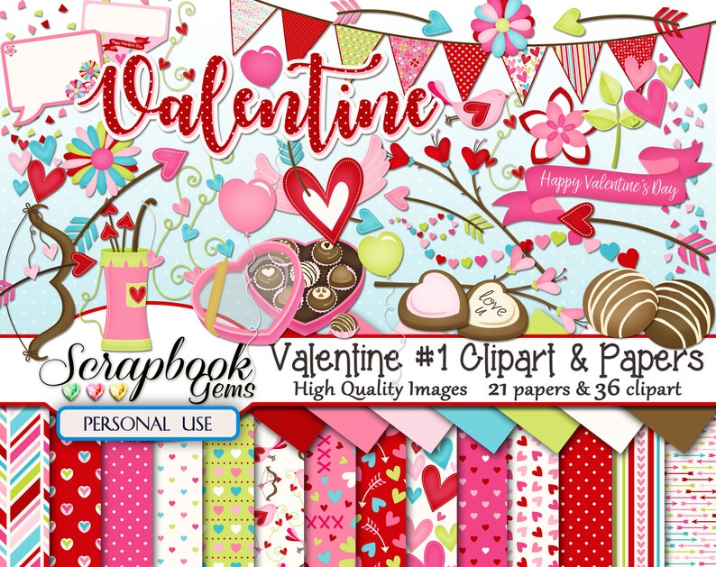 VALENTINE BUNDLE - 2 Kits in 1, 72 Cliparts & 42 Papers, Instant ...