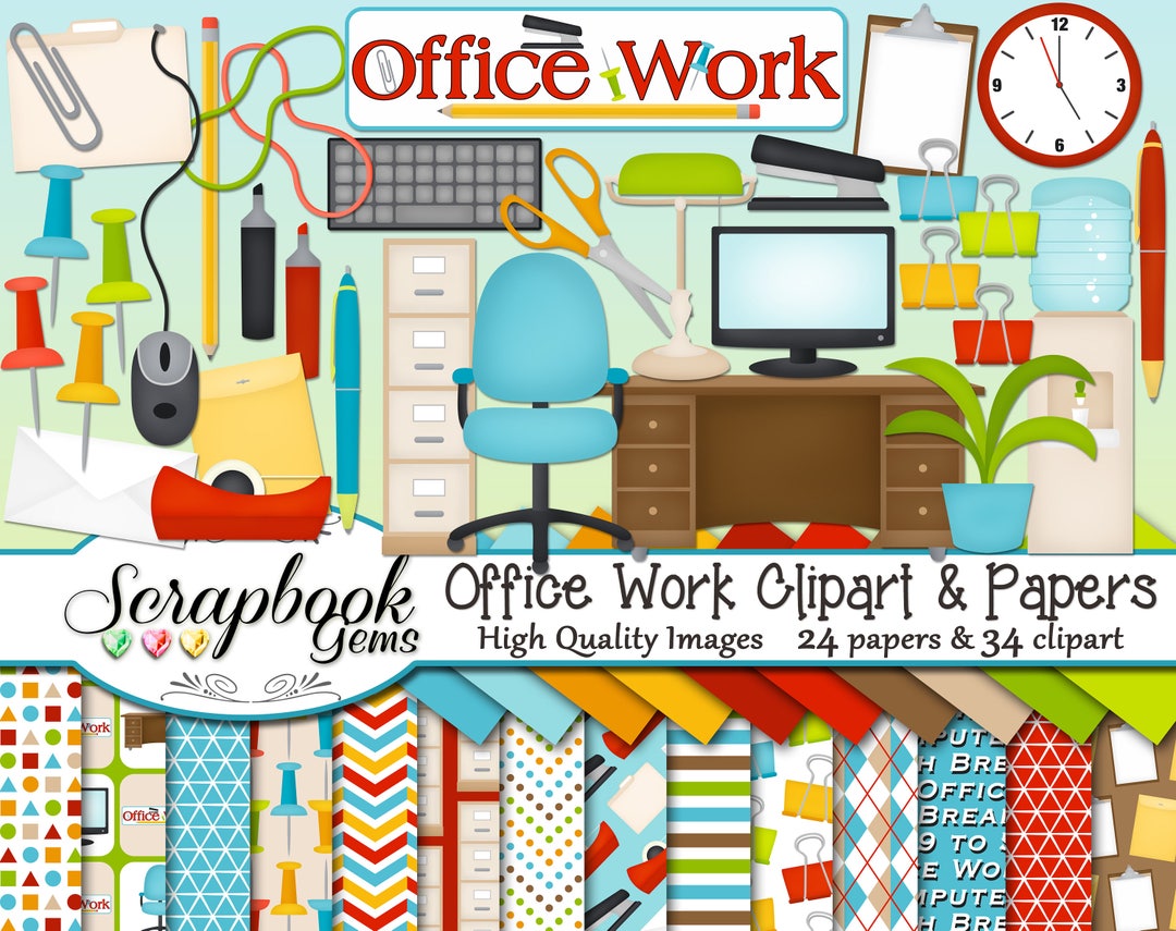 OFFICE WORK Clipart and Papers Kit, 34 Png Clip Arts, 24 Jpeg Papers ...