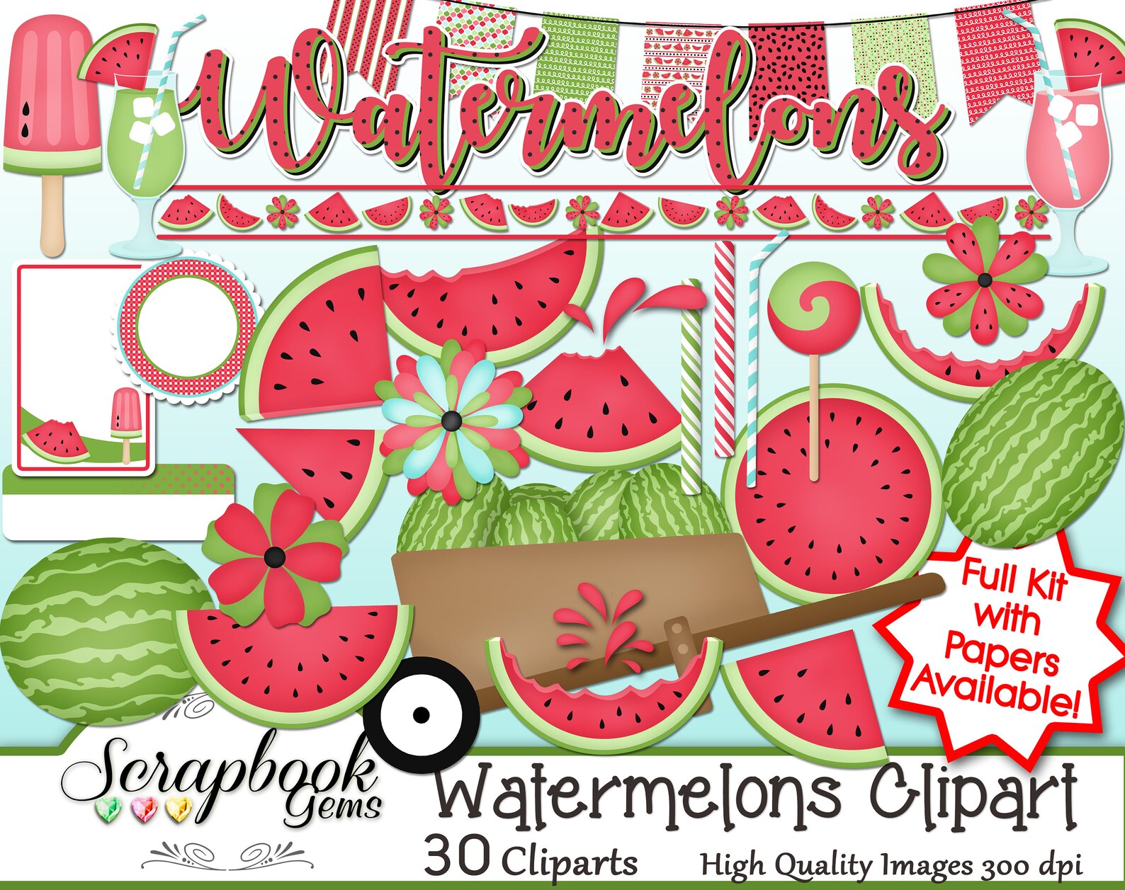 WATERMELONS Clipart and Papers Kit 30 Png Clip Arts 20 Jpeg - Etsy