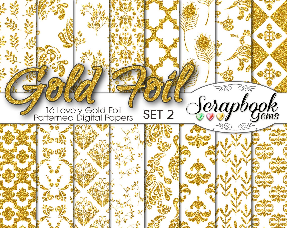 White & Gold Digital Papers SET 2, 16 Pieces, 12" X 12", High Quality ...