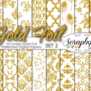 White & Gold Digital Papers SET 2, 16 Pieces, 12" X 12", High Quality ...