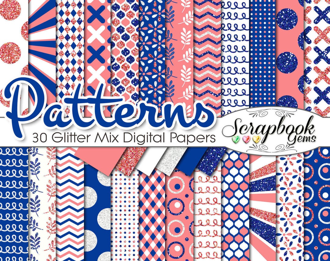Royal Blue & Coral GLITTER MIX Digital Papers, 30 Pieces, 12" X 12 ...