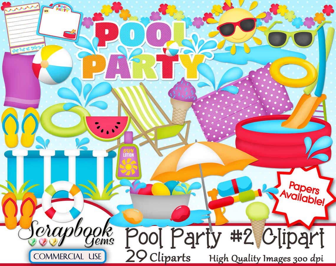 POOL PARTY kit 2 Clipart & Papers 29 Png Clipart Files 20 - Etsy