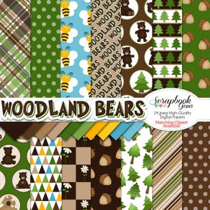 WOODLAND BEARS Clipart and Papers Kit, 27 Png Clip Arts, 24 Jpeg Papers ...