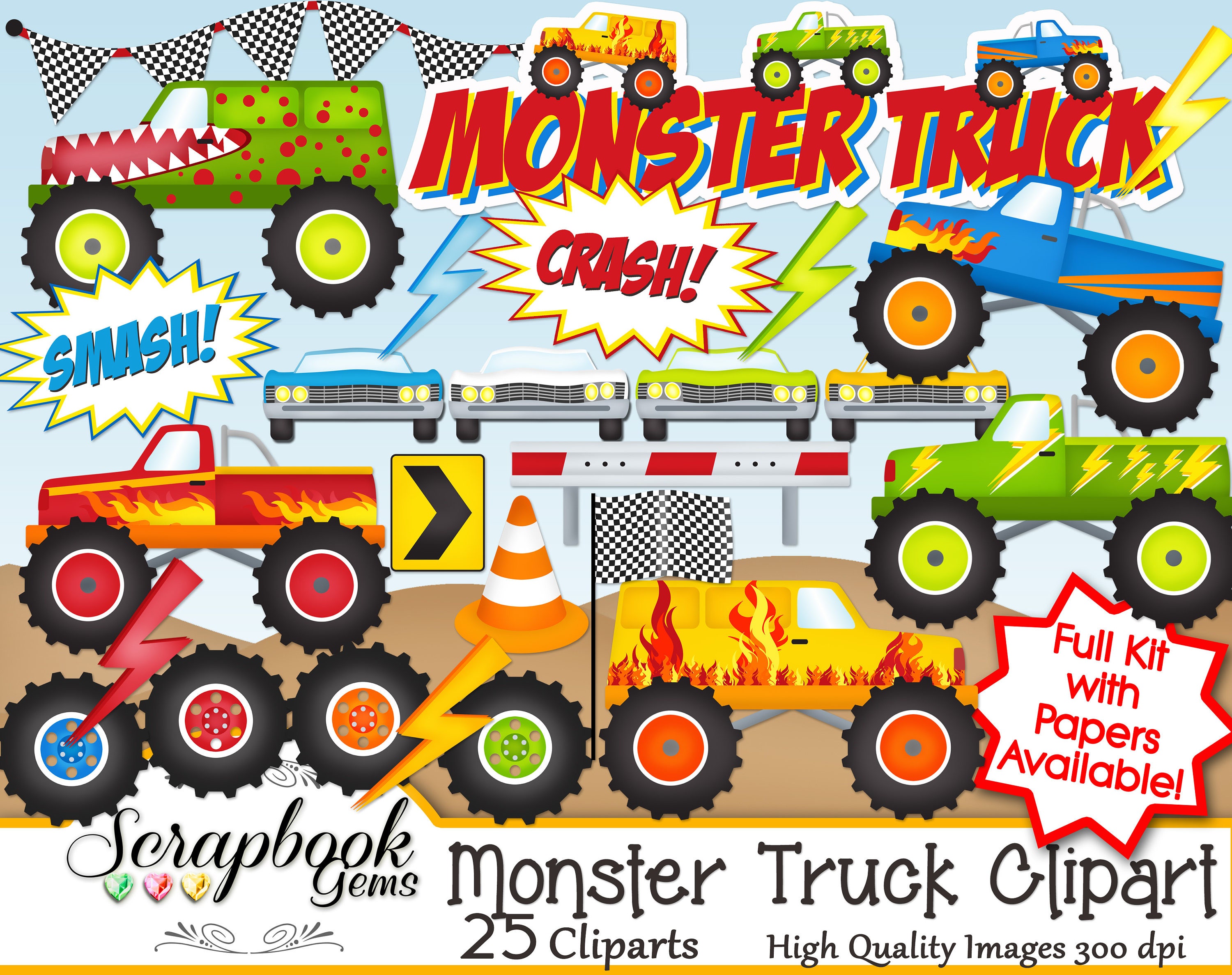 MONSTER TRUCK Clipart and Papers Kit 25 Png Clip Arts 24 - Etsy