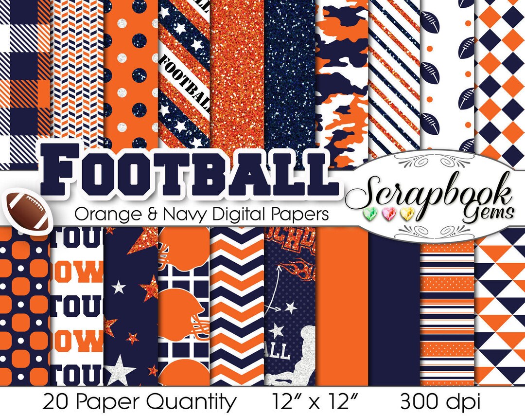 Football Digital Papers Navy Blue & Orange, 20 Pieces, 12" X 12", High ...