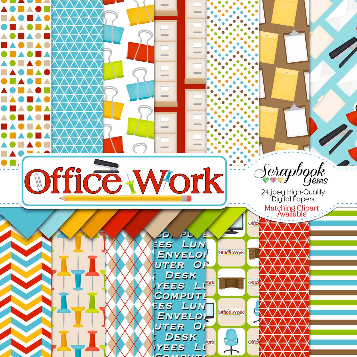 OFFICE WORK Clipart and Papers Kit, 34 Png Clip Arts, 24 Jpeg Papers ...