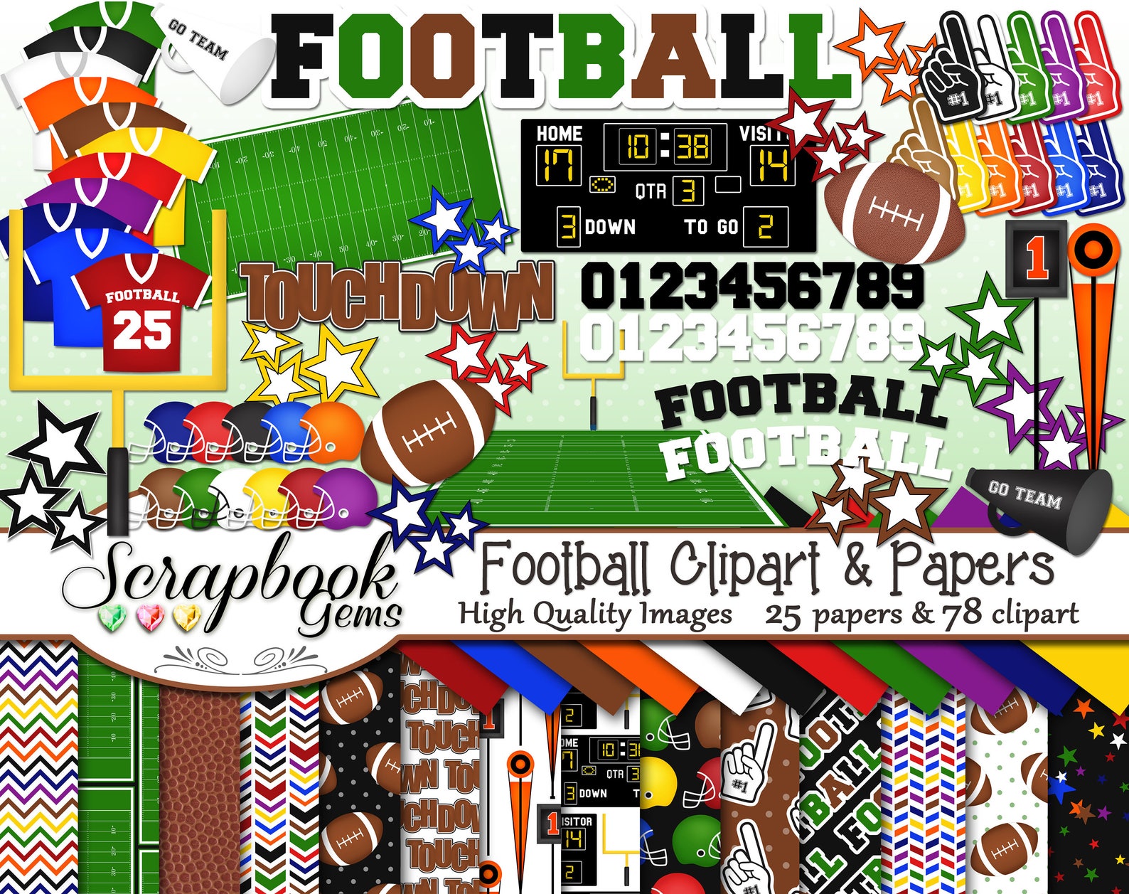 FOOTBALL Clipart and Papers Kit, 78 Png Clip Arts, 25 Jpeg Papers ...