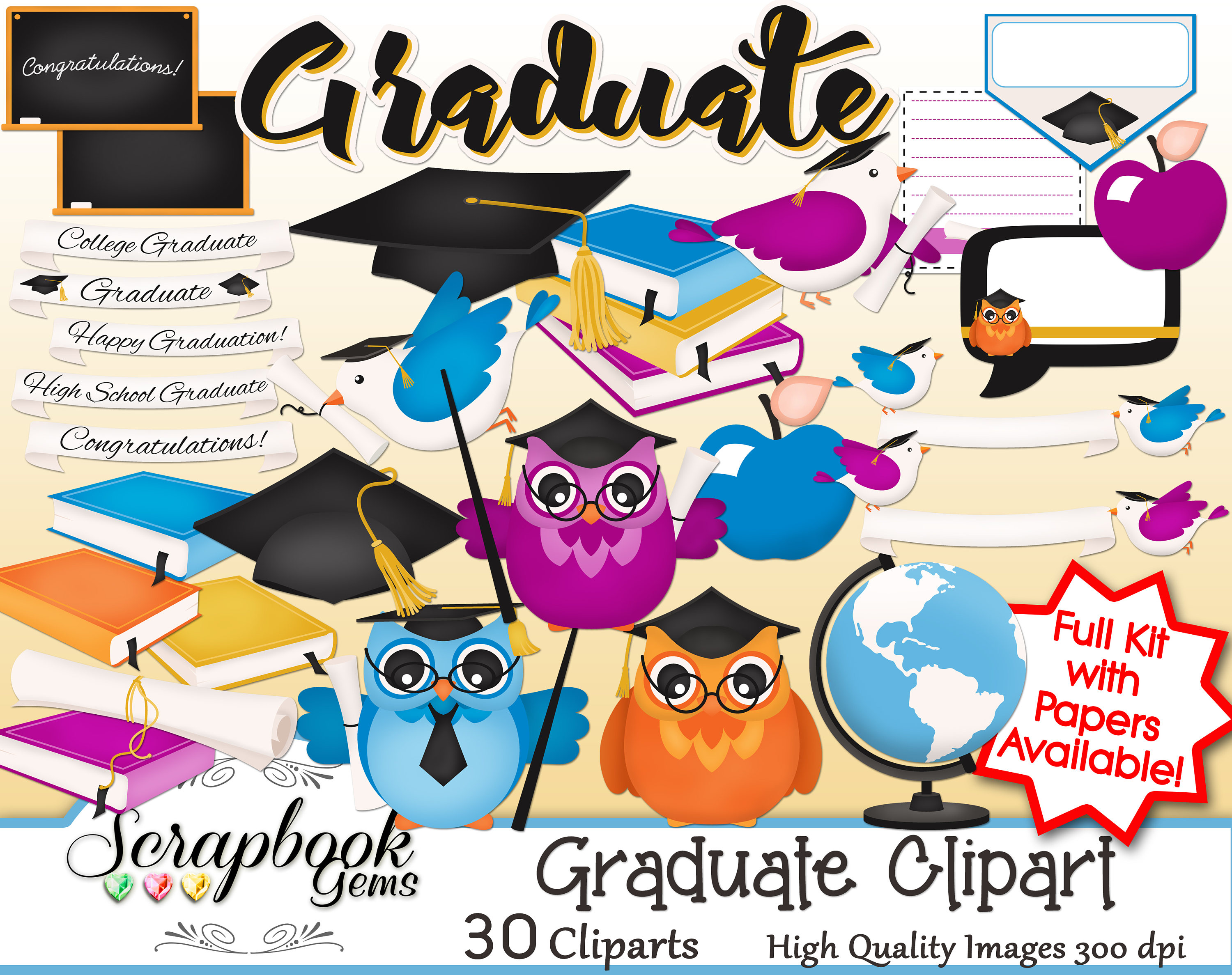 GRADUATE Clipart and Papers Kit 30 Png Clip Arts 20 Jpeg - Etsy