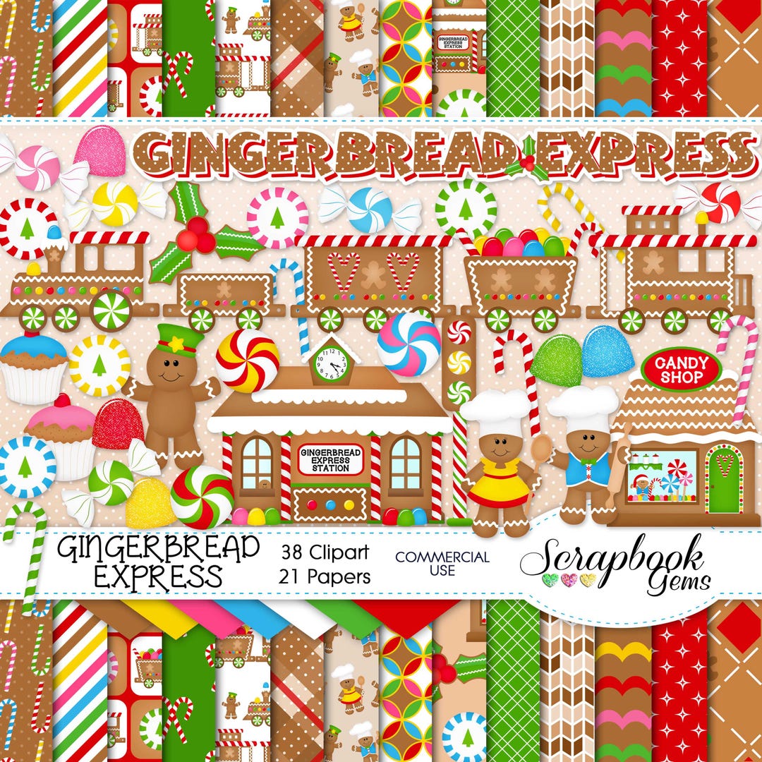 GINGERBREAD EXPRESS Clipart and Papers Kit, 38 Png Clip Arts, 21 Jpeg ...