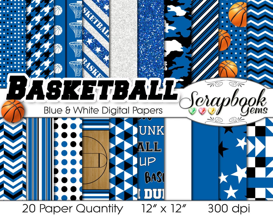 Basketball Digital Papers Blue & White, 20 Pieces, 12" X 12", High ...