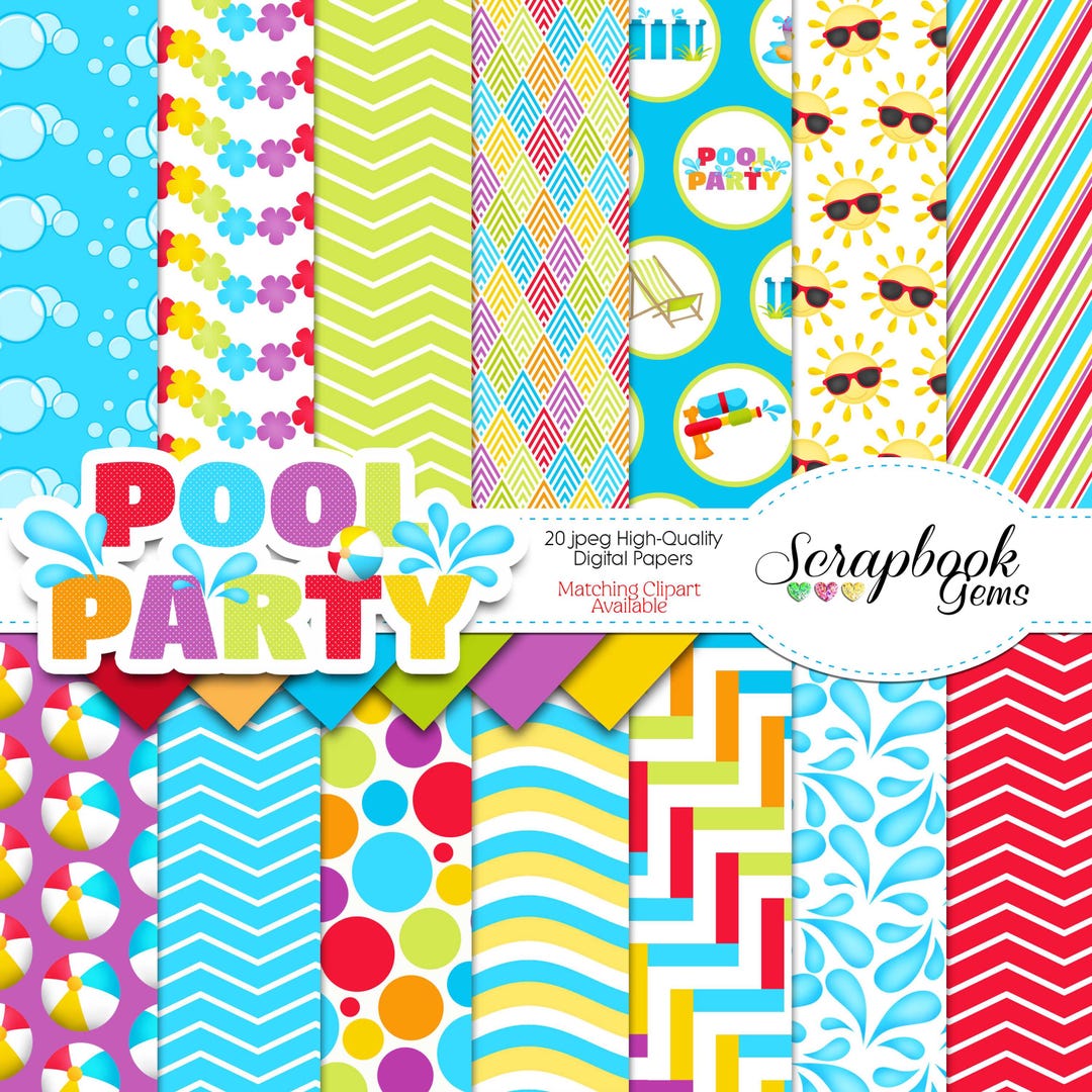 POOL PARTY (kit#2) Digital Papers, 20 Pieces, 12" X 12", High Quality ...