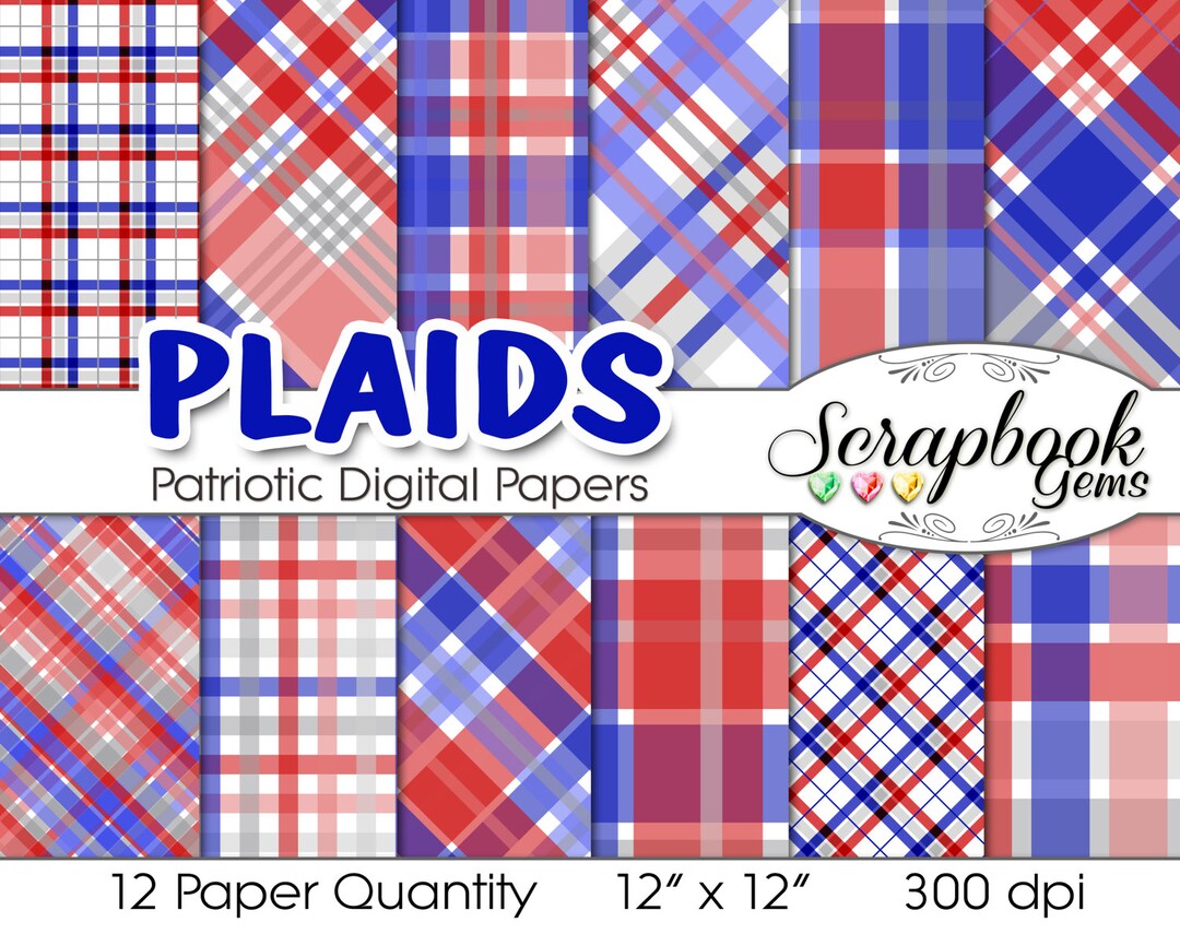 Patriotic PLAID Red & Blue Digital Papers, 12 Pieces, 12" X 12", High ...